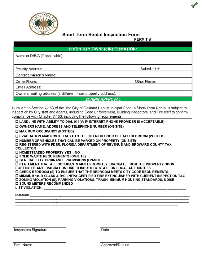Fillable Online Short Term Rental Inspection Form PERMIT Number ...