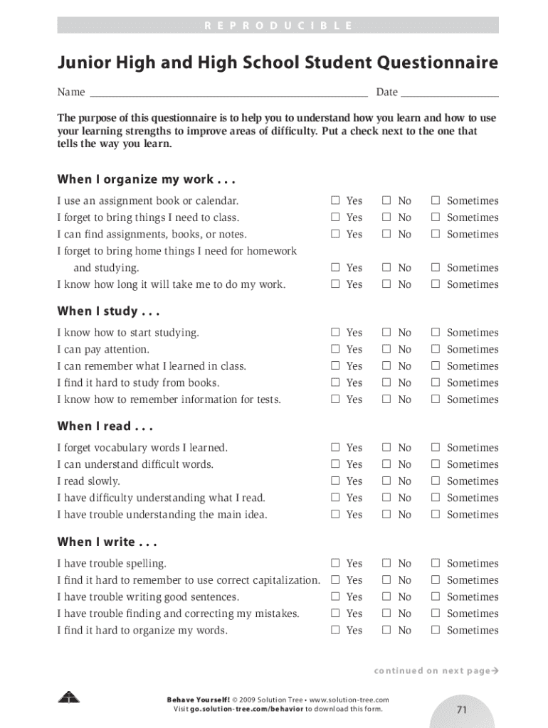 Fillable Online Junior High and High School Student Questionnaire Fax ...