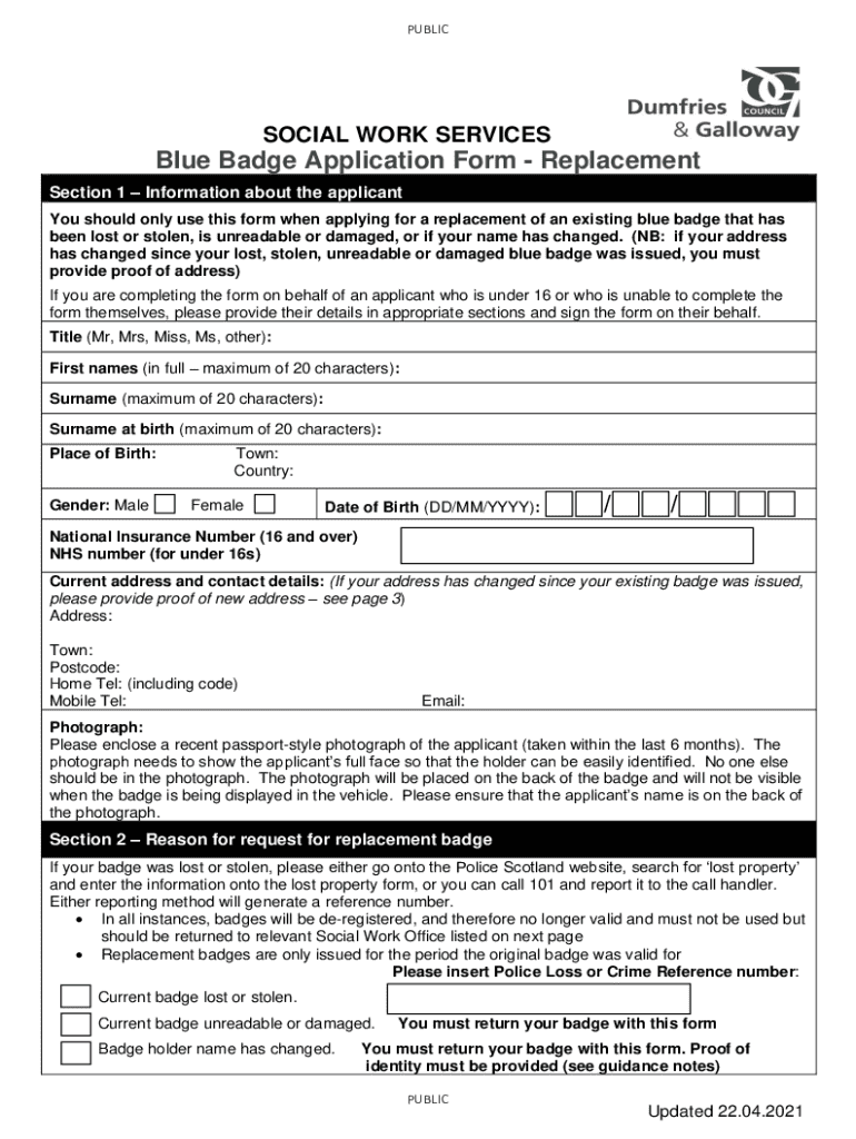 Fillable Online Blue Badge Application Form - Replacement Fax Email ...