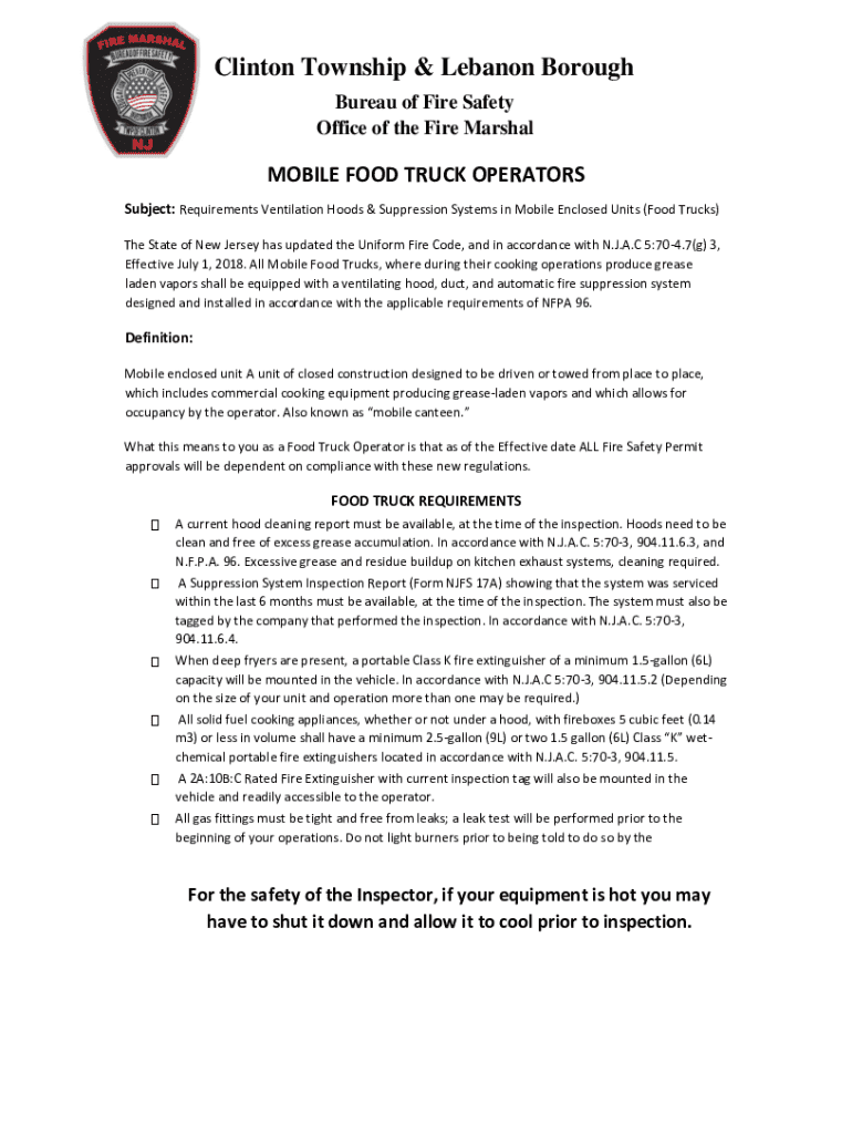 Fillable Online NFPA Fire Safety Checklist for Food Trucks and Mobile ...