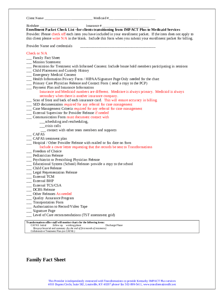 Enrollment Packet Check List for clients transitioning from IMPACT Plus ...
