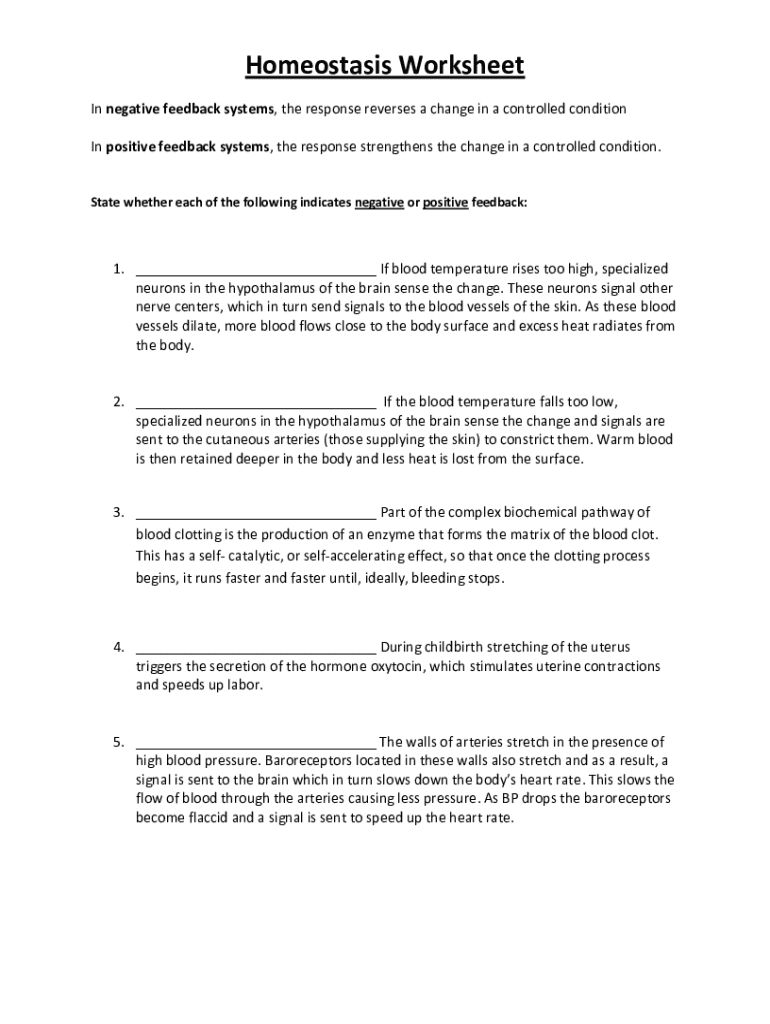 Fillable Online Homeostasis Worksheet In negative feedback systems the ...
