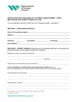 Fillable Online APPLICATION FOR THE GRANT OF A STREET WORKS PERMIT SWP2 ...