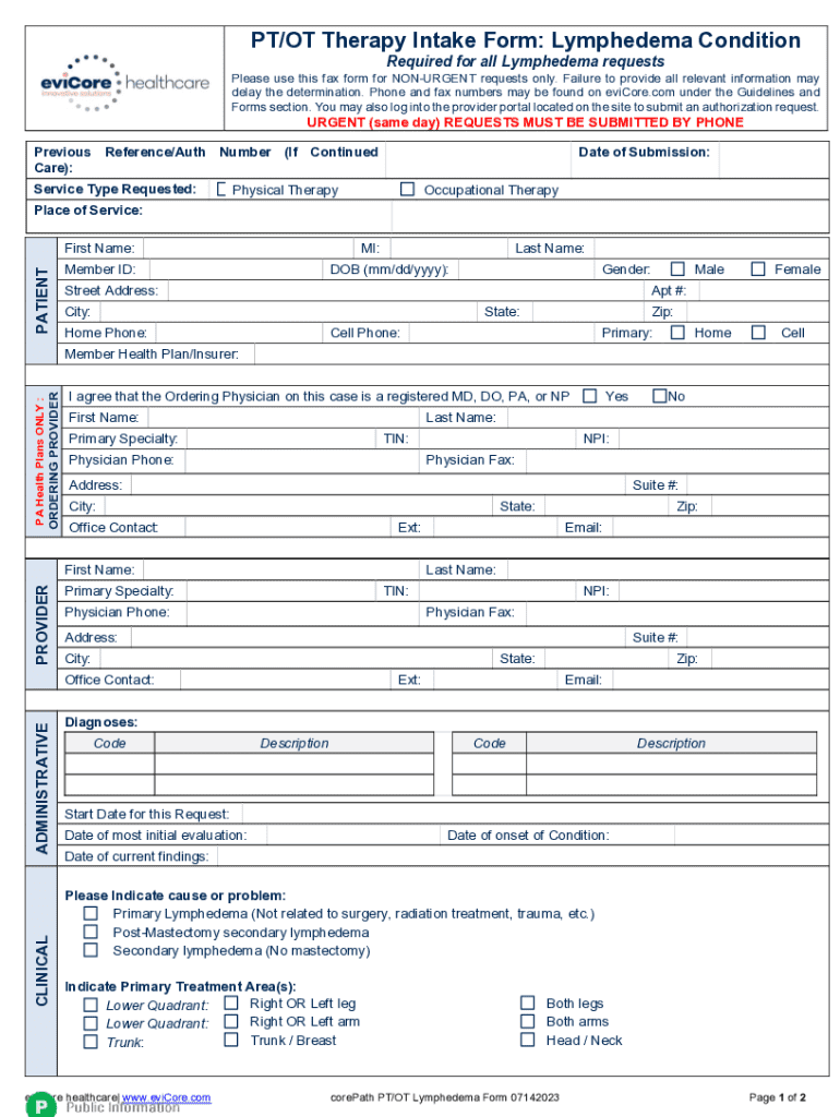 Fillable Online Fillable Online PT/OT Therapy Intake Form: Lymphedema ...