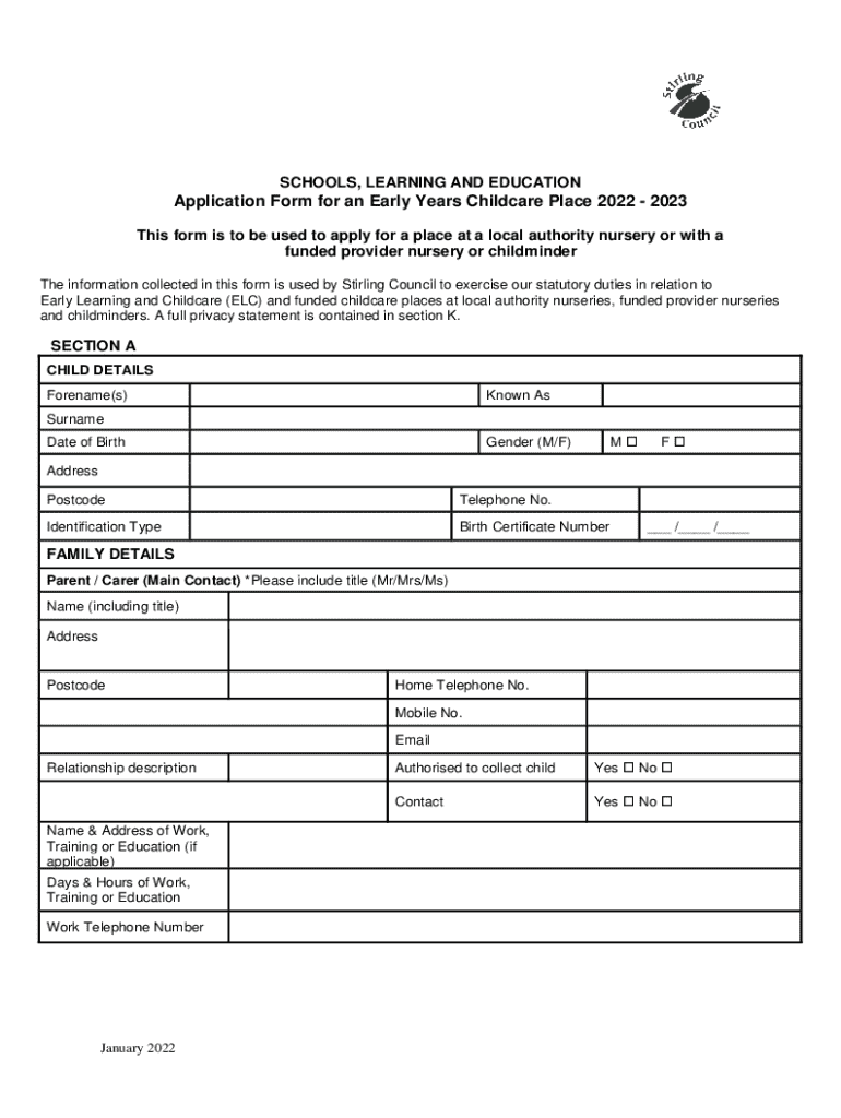 Fillable Online Application Form for an Early Years Childcare Place 2022 - 2023 Fax Email Print ...