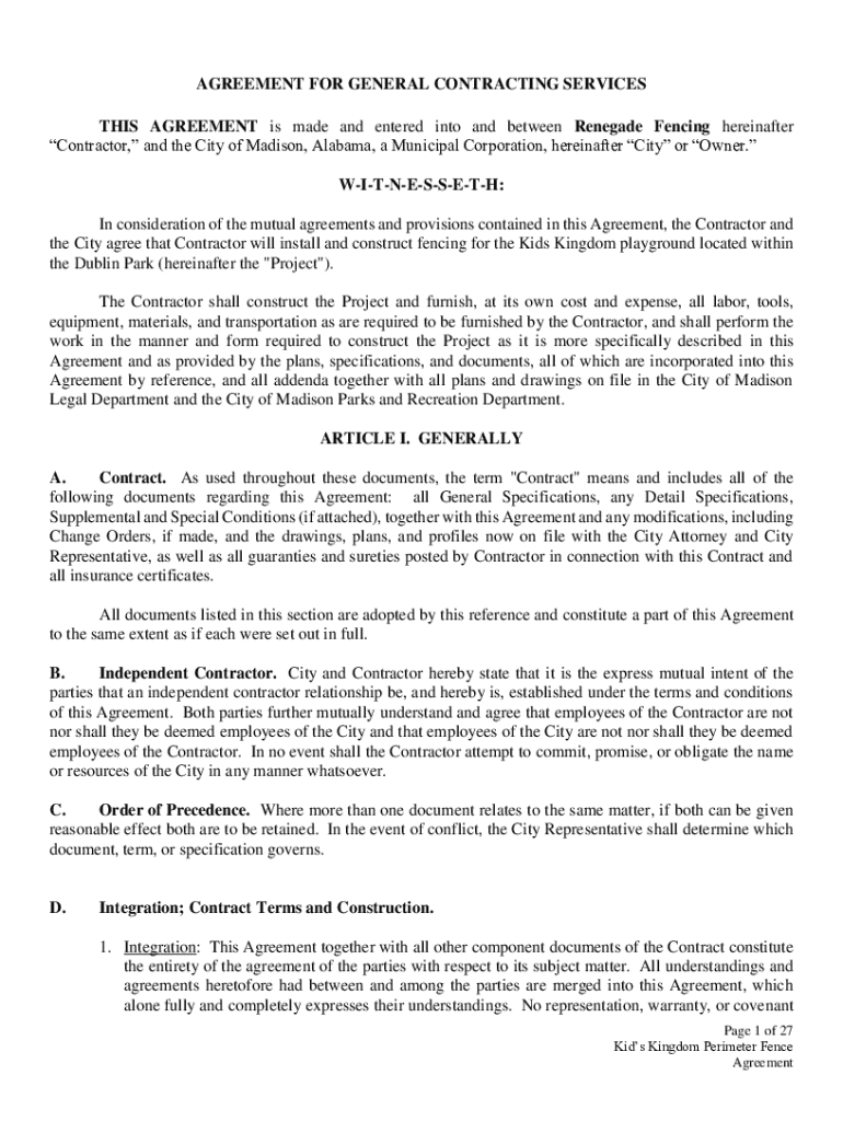 Fillable Online Agreement for General Contracting Services Sample ...