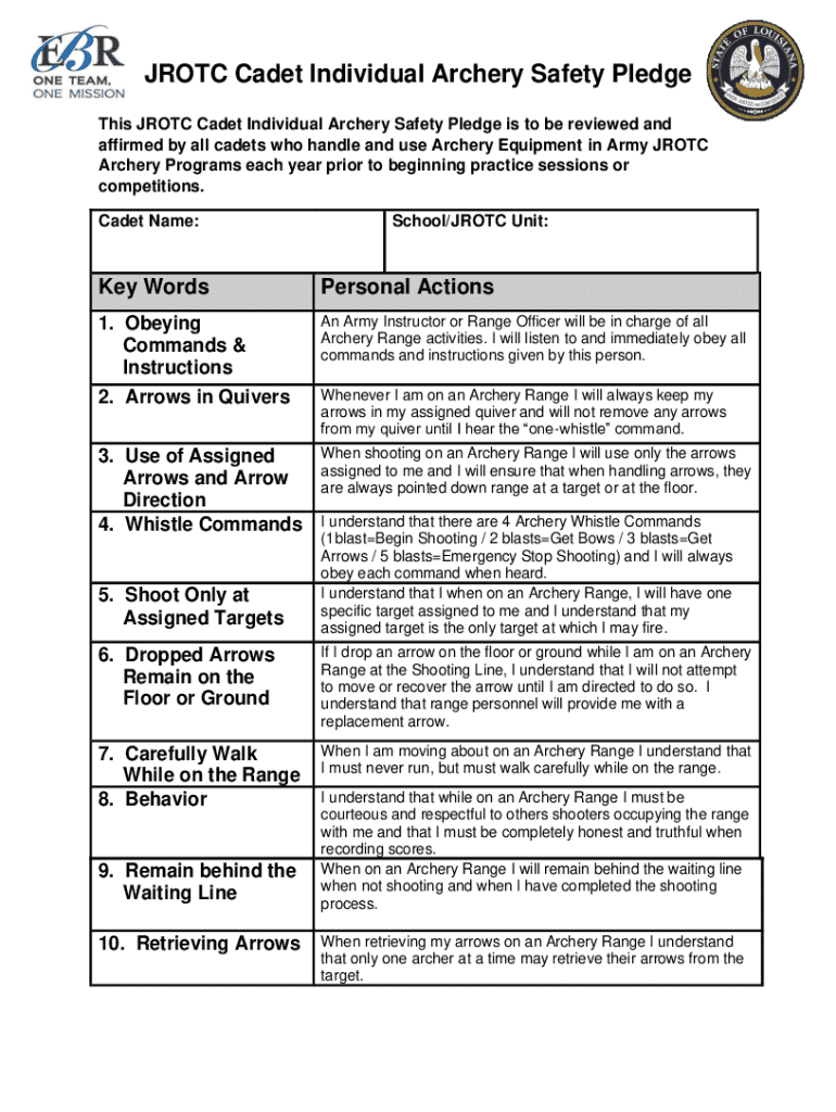 Fillable Online ARCHERY CADET PLEDGE AND PARENT/GUARDIAN ... Fax Email ...