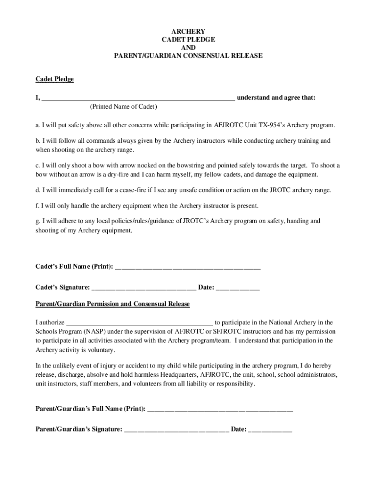 Fillable Online JROTC Cadet Individual Archery Safety Pledge Fax Email ...