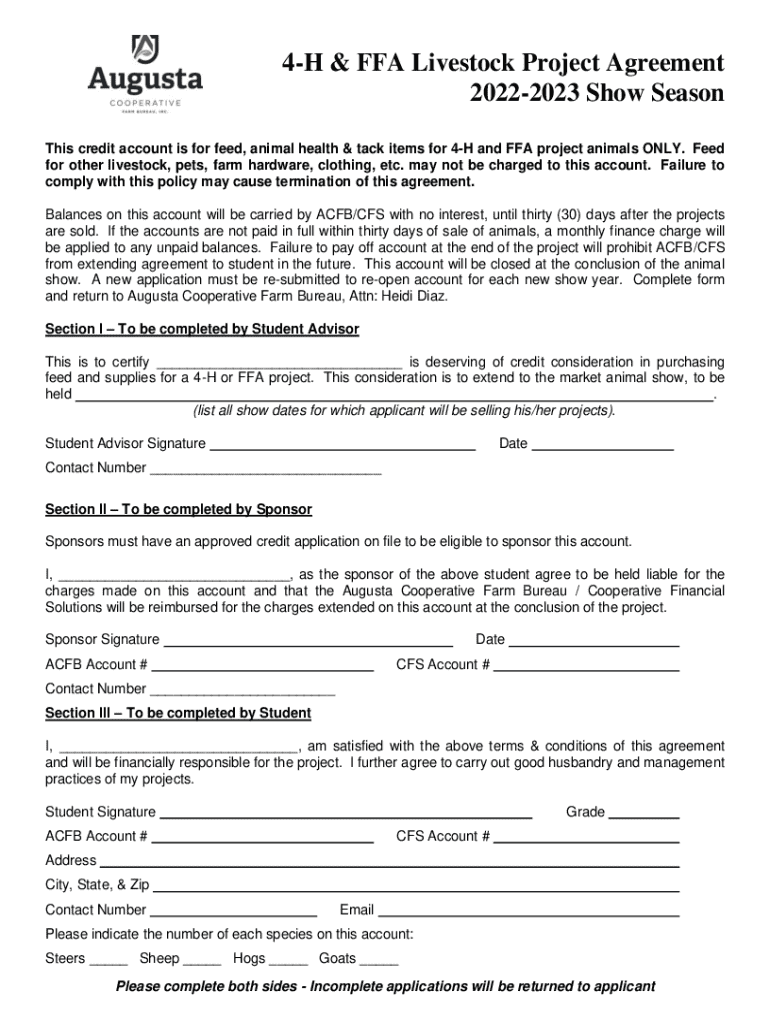 Fillable Online 4-H & FFA Livestock Project Agreement 2022-2023 Show ...