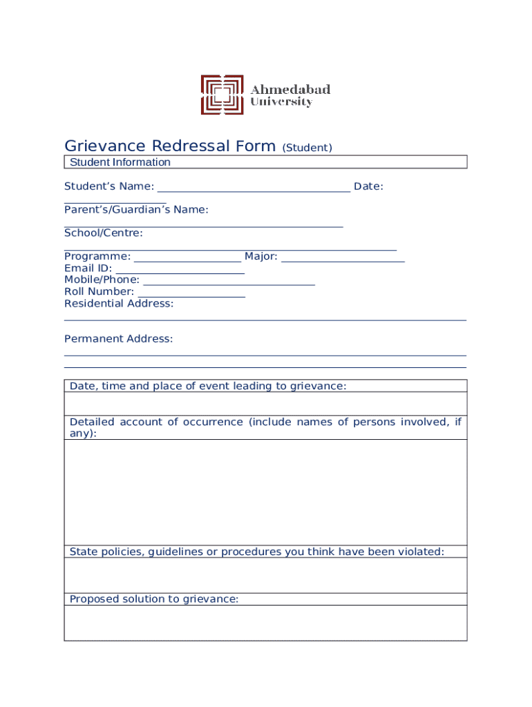 Grievance Redressal (Student) - ahduni edu Doc Template | pdfFiller