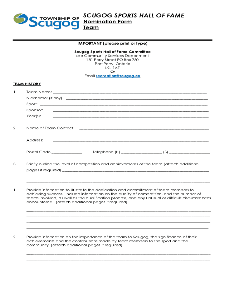 Fillable Online SCUGOG SPORTS HALL OF FAME - Nomination Form Team Fax ...