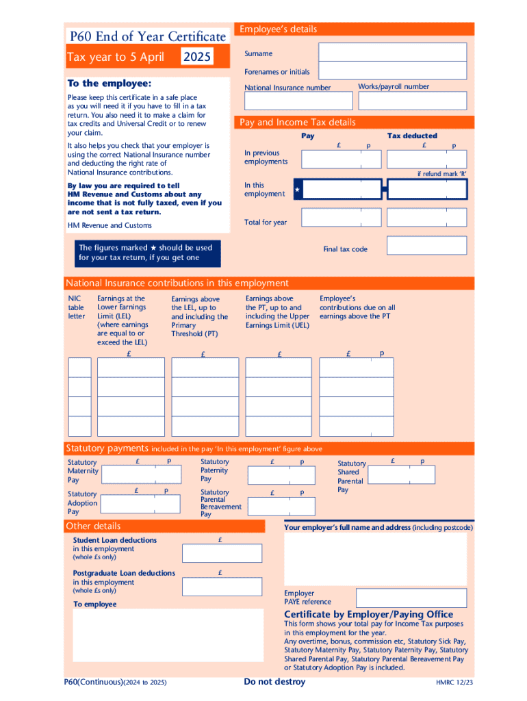 Fillable Online P60 End of Year Certificate - Tax year to 5 April Fax ...