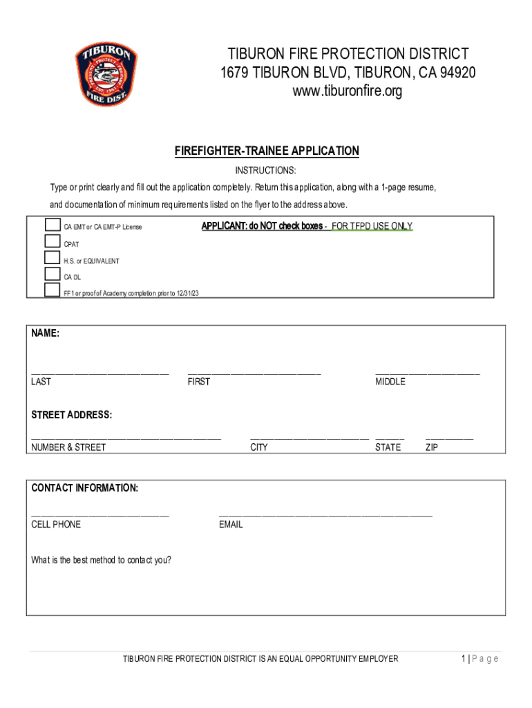 Fillable Online Tiburon Fire Protection District: Fire Protection and ...