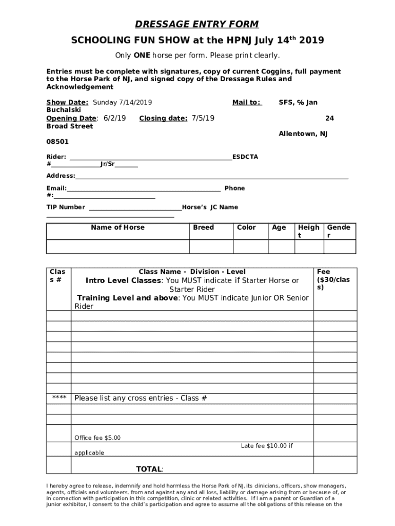 Horse Show Entry Blank Template Doc Template | pdfFiller