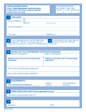 Fillable Online Application for a civil partnership certificate form ...