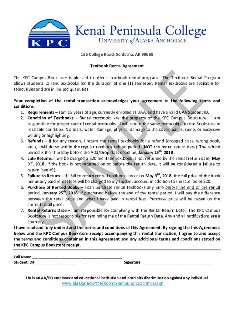 Fillable Online kpc alaska Textbook Rental Agreement - Spring 2018 ...