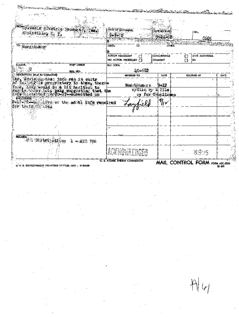 Fillable Online Mail Control Form from Sylvania Electric Products to Mr ...