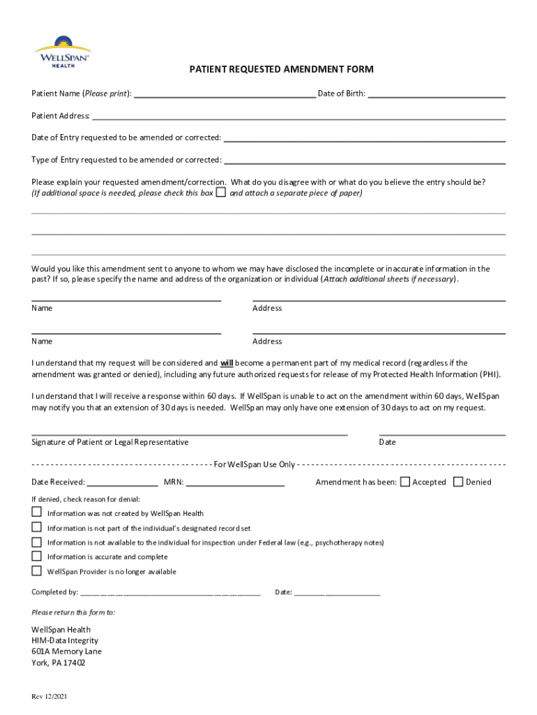 Fillable Online Request for Amendment of Protected Health Information ...