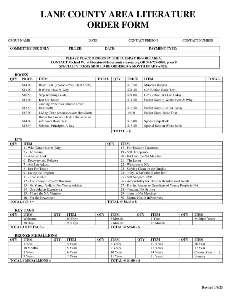 Fillable Online LANE COUNTY AREA LITERATURE ORDER FORM Fax Email Print - pdfFiller