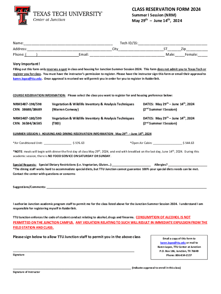 Fillable Online 2024 Summer I Session (NRM) CLASS RESERVATION FORM Fax ...