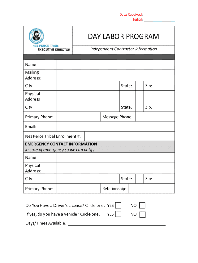 Fillable Online DAY LABOR PROGRAM - Nez Perce Tribe Fax Email Print - pdfFiller