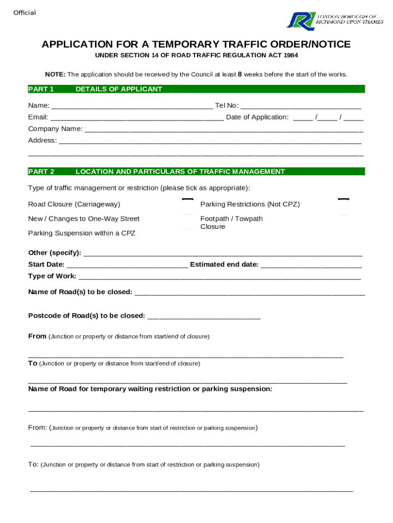 Application for temporary traffic management order Doc Template | pdfFiller