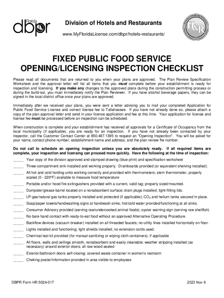 Fillable Online Fixed Public Food Service Opening/Licensing Inspection ...