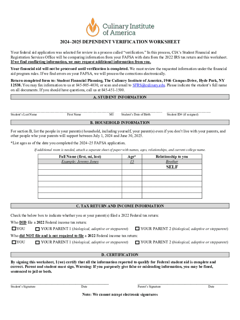 Fillable Online 20242025 dependent verification worksheet Fax Email ...