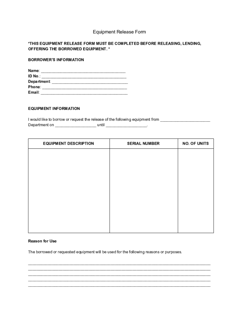 Fillable Online Equipment Release Form Template Fax Email Print - pdfFiller