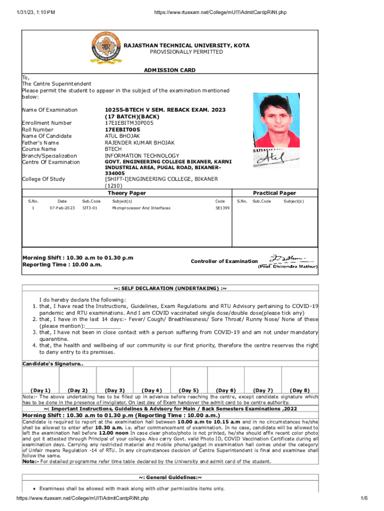 Fillable Online RAJASTHAN TECHNICAL UNIVERSITY, KOTA PROVISIONALLY ...