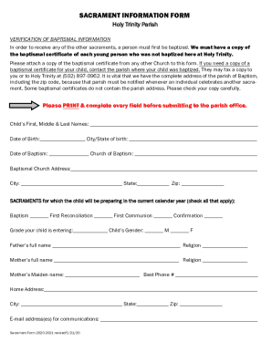 Fillable Online SACRAMENT INFORMATION FORM - Holy Trinity Fax Email ...