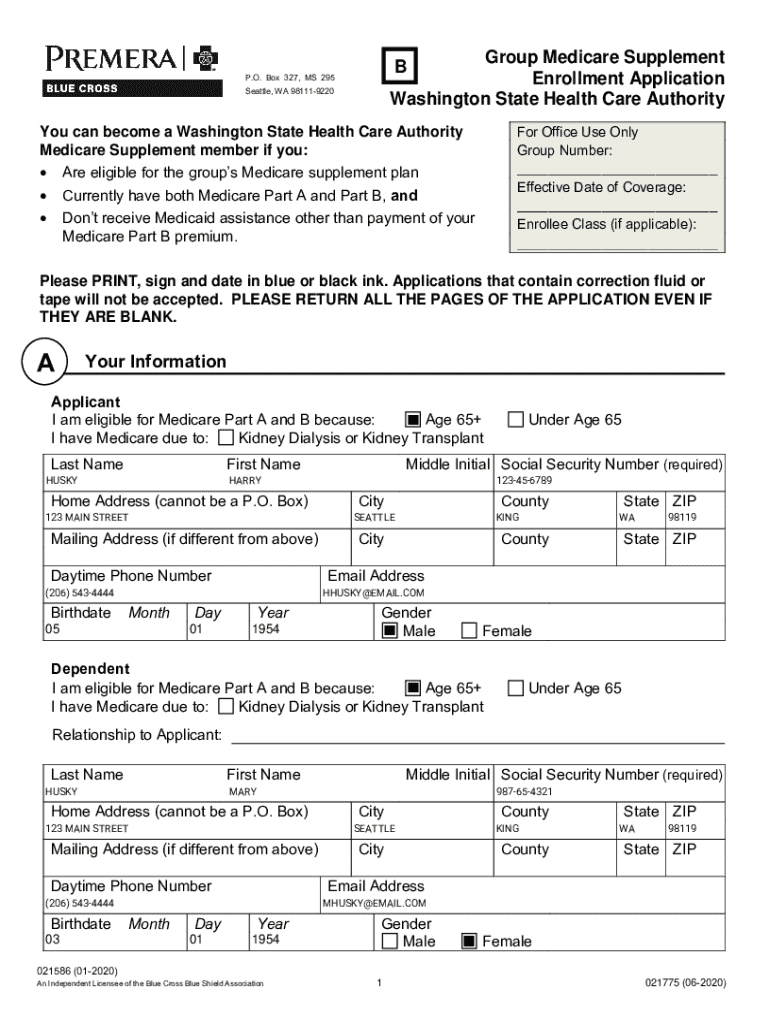 Fillable Online depts washington Premera Medicare Supplement Plan F ...