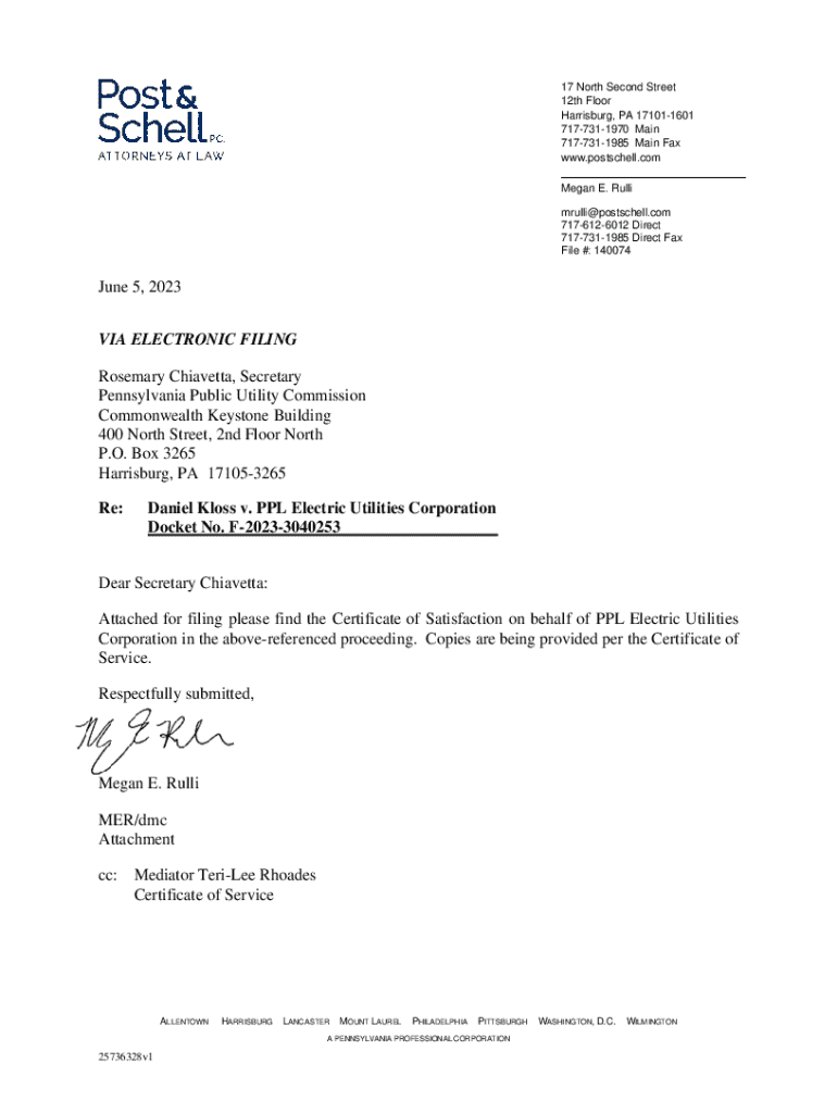 Fillable Online PPL - Kloss - Certificate of Satisfaction Fax Email Print - pdfFiller