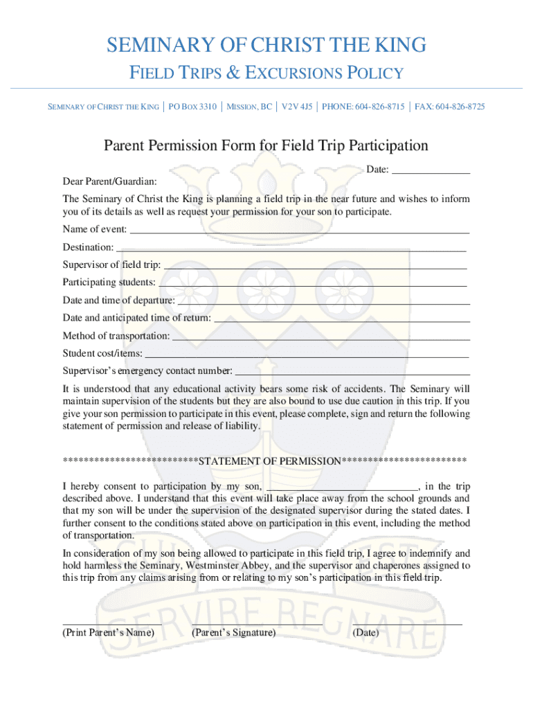 Fillable Online SEMINARY OF CHRIST THE KINGField Trips & Excursions ...