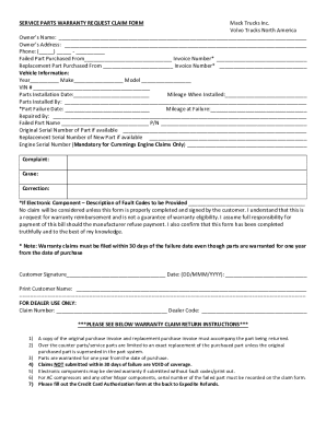 Fillable Online SERVICE PARTS WARRANTY REQUEST CLAIM FORM Fax Email ...
