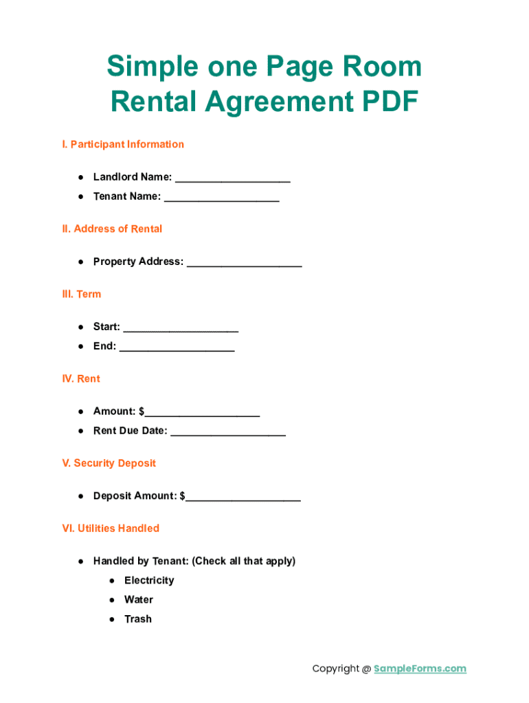 Fillable Online Simple One Page Room Rental Agreement Pdf - Fill Online ...
