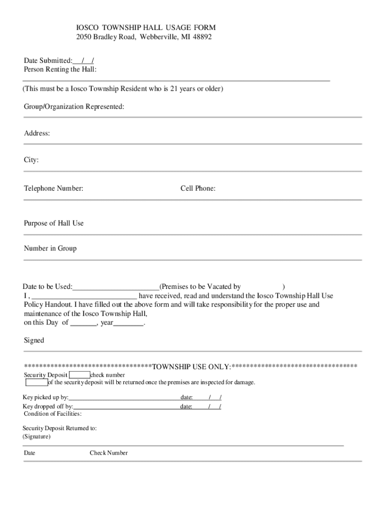 Fillable Online IOSCO TOWNSHIP HALL USAGE FORM 2050 Bradley Road ...