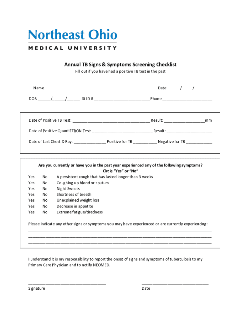 Fillable Online Annual TB Signs & Symptoms Screening Checklist Fax ...