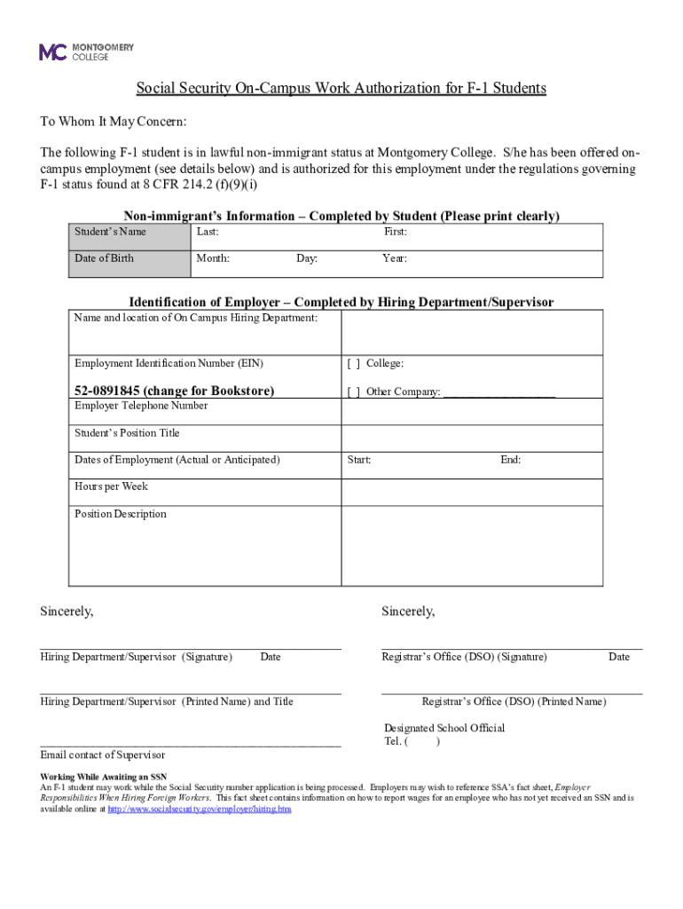 Fillable Online Social Security Form for On-Campus Employers Fax Email ...