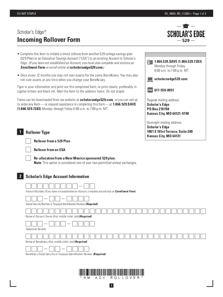 Fillable Online Scholar's Edge - Incoming Rollover Form Fax Email Print ...