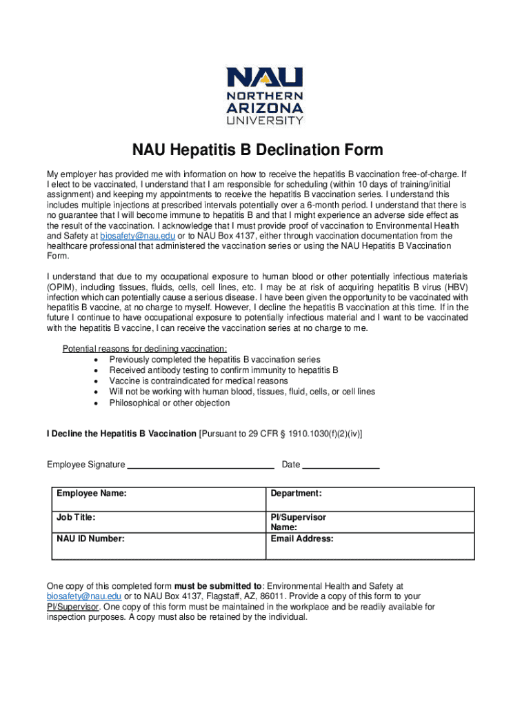Fillable Online Hepatitis B Declination Form: What It Is, Risks ...