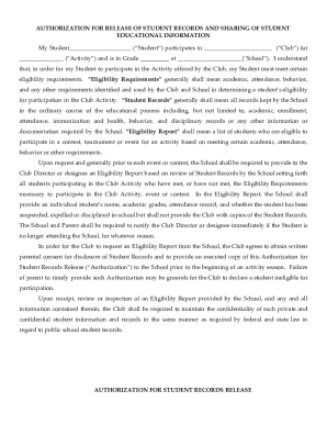 Fillable Online AUTHORIZATION FOR RELEASE OF STUDENT RECORDS AND ...