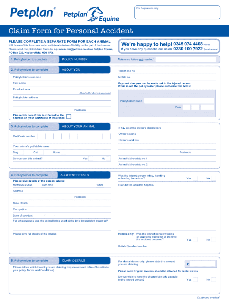 Fillable Online Petplan: Pet insurance from the UK's favourite provider ...