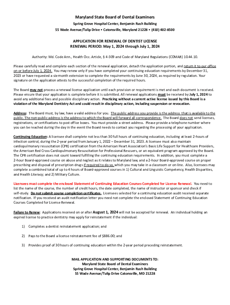 Fillable Online Fillable Online Maryland State Board of Dental ...