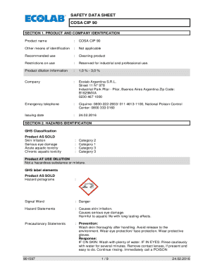 Fillable Online SAFETY DATA SHEET COSA CIP 90. Section: 1. ... Fax ...