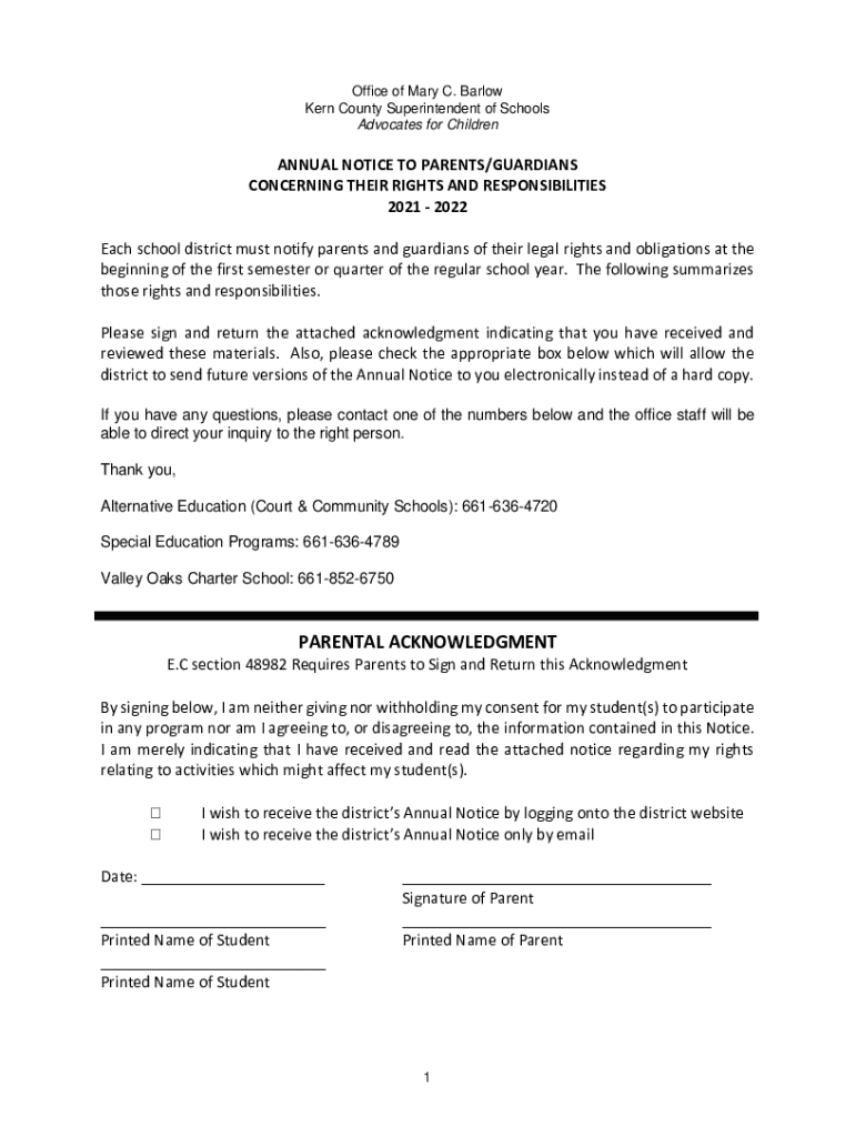 Fillable Online Annual Notice to Parents and Guardians Fax Email Print - pdfFiller