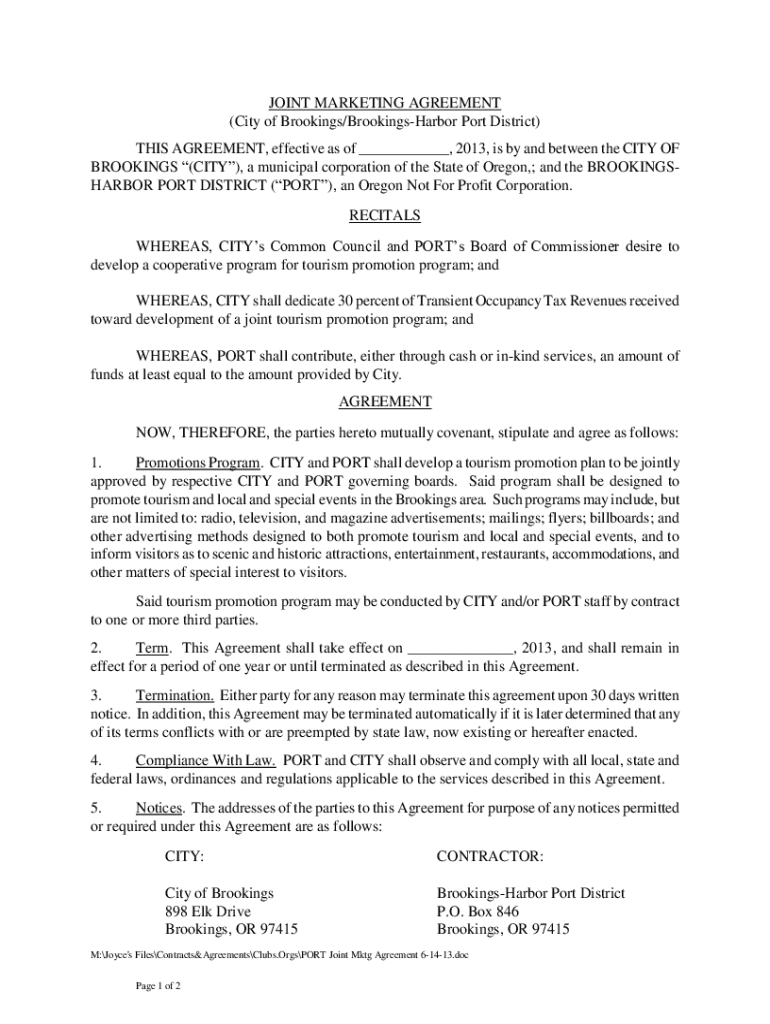 Fillable Online JOINT MARKETING AGREEMENT (City of Brookings/Brookings ... Fax Email Print ...