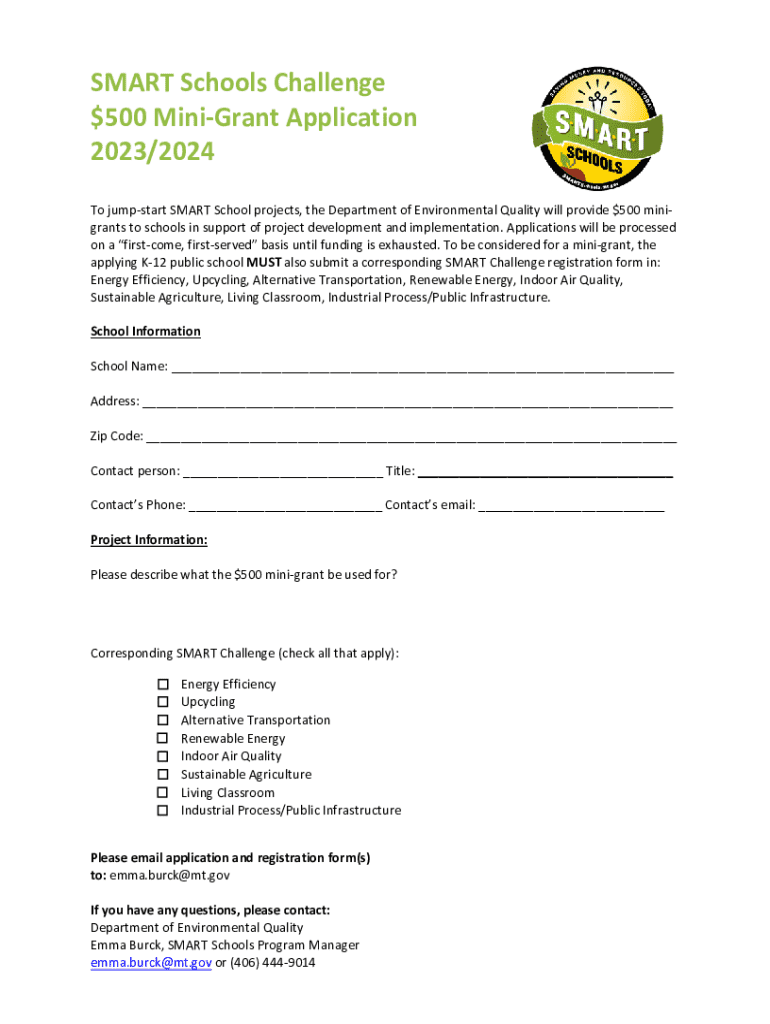Fillable Online deq mt SMART Schools Challenge $500 Mini-Grant ...