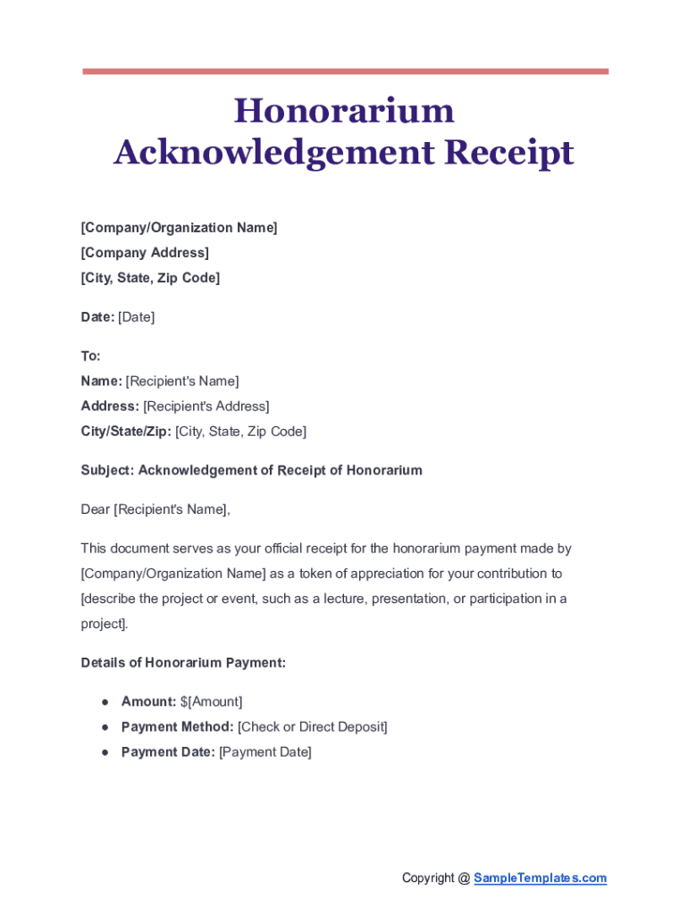 Fillable Online Honorarium Acknowledgement Receipt Fax Email Print ...