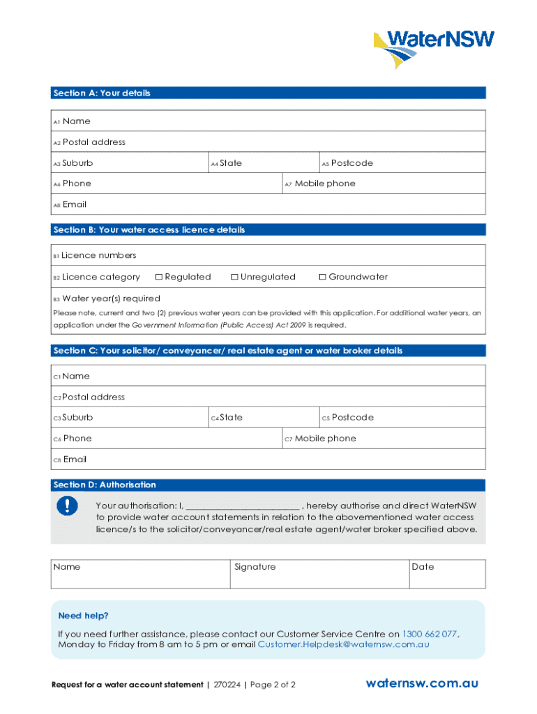 Fillable Online Request for a water account statement form Fax Email ...